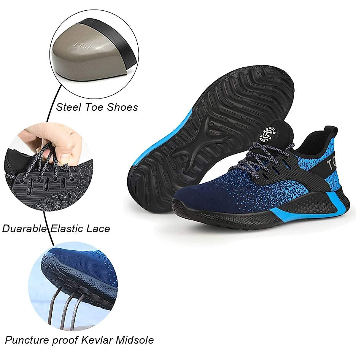 AONEGOLD Safety Shoes for Men Steel Toe Sneaker Work Shoes Lightweight Breathable Industrial Construction Shoes Roofing Shoes(Blue, 41)