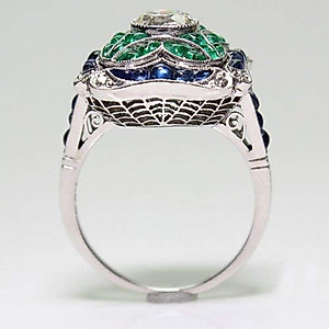 Yuren 925 Sterling Silver Vintage Emerald Ring Blue Sapphire White Topaz Ring Women Wedding Fashion Jewelry Size 6-10 (US Code 8)