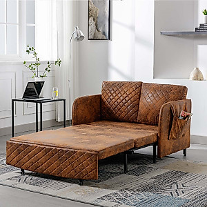 Lin-Utrend 46" Convertible Sleeper Sofa Bed, Modern Loveseat Couch with Pull Out Bed, Small Love Seat Futon Sofa Bed with Headboard, 2 Pillows Side Pockets for Living Room Apartment (Coffee)