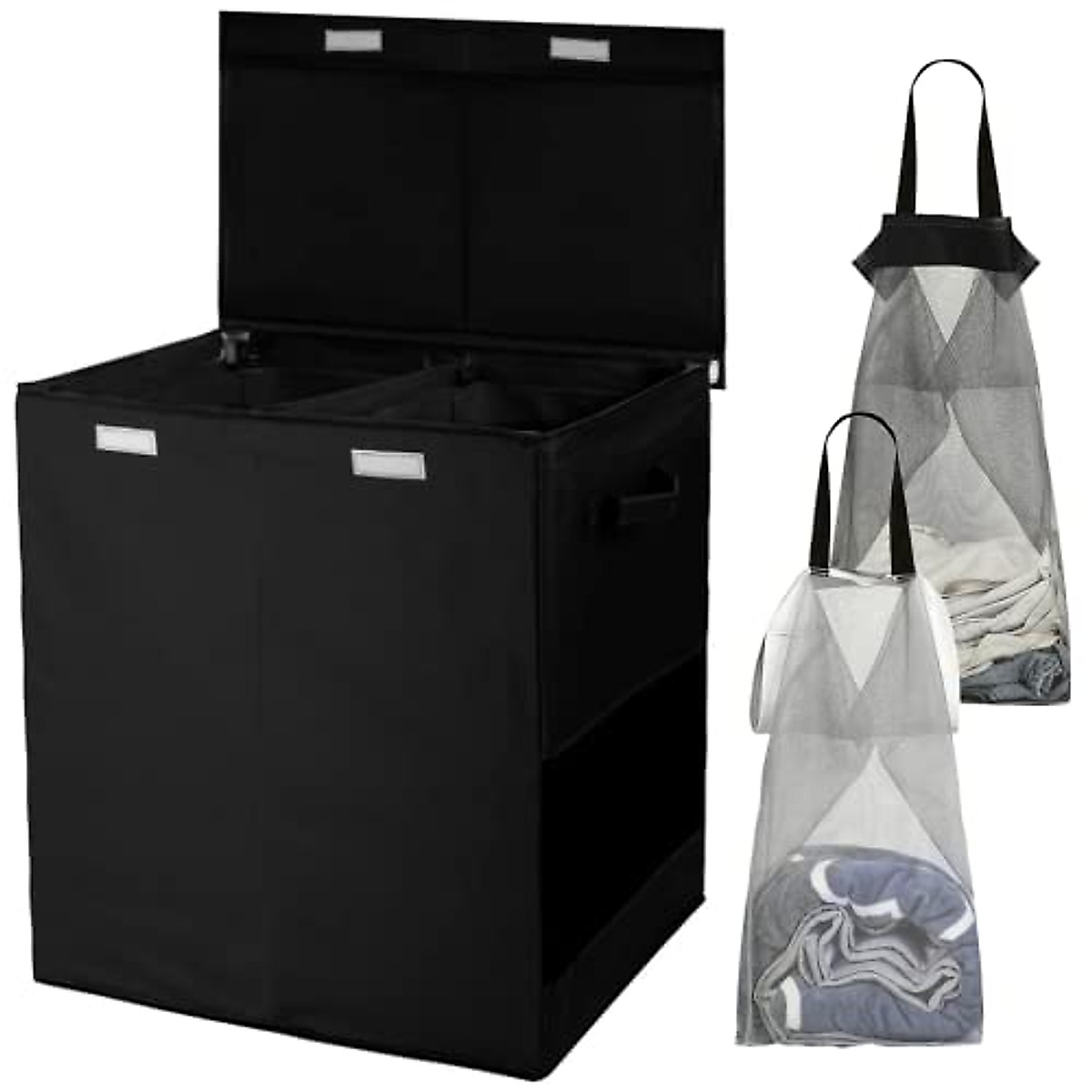 HOUSE AGAIN Double Laundry Hamper with Lid and Removable Laundry Bags, 160L, 2 Divider Dirty Clothes Hamper with Handles for Bedroom, Dorm, Foldable Laundry Basket Organizer, Dual hamper (Black)