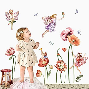 decalmile Poppy Flower Fairy Wall Stickers Floral Elf Wall Decals Baby Nursery Kids Room Living Room Wall Decor