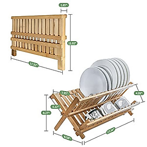 ZROOY Bamboo Dish Drying Rack, 2-Tier Bamboo Dish Rack Collapsible roll up Dish Drainer for Kitchen Counter,Wooden Dish Drying Rack by Natural,