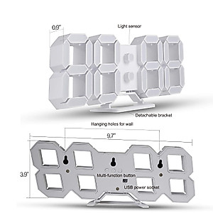 EDUP Home 3D LED Digital Wall Clock Desk Alarm Clock with Remote Control for Kitchen Bedroom Office, Fashion 9.7" LED Night Light Decor Clock Adjust Brightness 12H/24H Time Date Temperature White