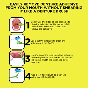 Denture Dart V4 Hard Plastic Denture Brush - Denture Gel Adhesive Remover - Remove Denture Gel Adhesive from Mouth & Gums, Oral Hygiene Products, Scraper w/Textured Grip and Rigid Bristles