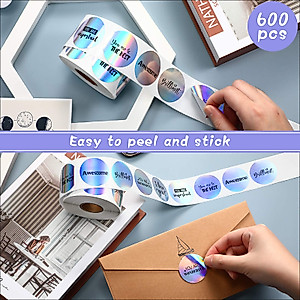 600 Pieces Round Inspirational Stickers Motivational Encouragement Stickers Labels Black Ink Holographic Rainbow Sticker Inspiring Planner Stickers for Greeting Cards Envelopes Sealing Decor, 1.5 Inch