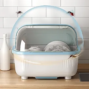 CAKERS Drain Rack Dish Bowl Drying Rack|Plate Storage Drainer Holder Organizer|Plastic Tableware Holder with Lid Cover for Restaurant Kitchen Home,Blue,43x32x33cm(16.9x12.5x12.9in)