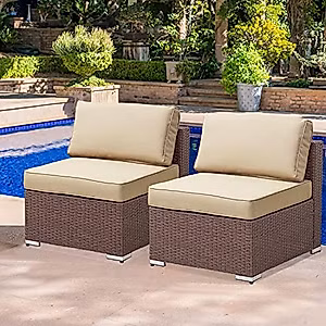 PHIKOOVA Wicker Outdoor Sectional Sofa Set Patio Garden Armless Sofa Chair with Washable Zippered Cushions for Porch Poolside Balcony(Beige)