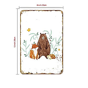 AXCISXK Tin Sign Bear Fox Print Animal Art Watercolour Woodland Illustration Nursery Decor Nursery Wall Art Kids Room Play Room Jungle Animal Vintage Metal Tin Sign Bar Pub Cafe 8x12inch