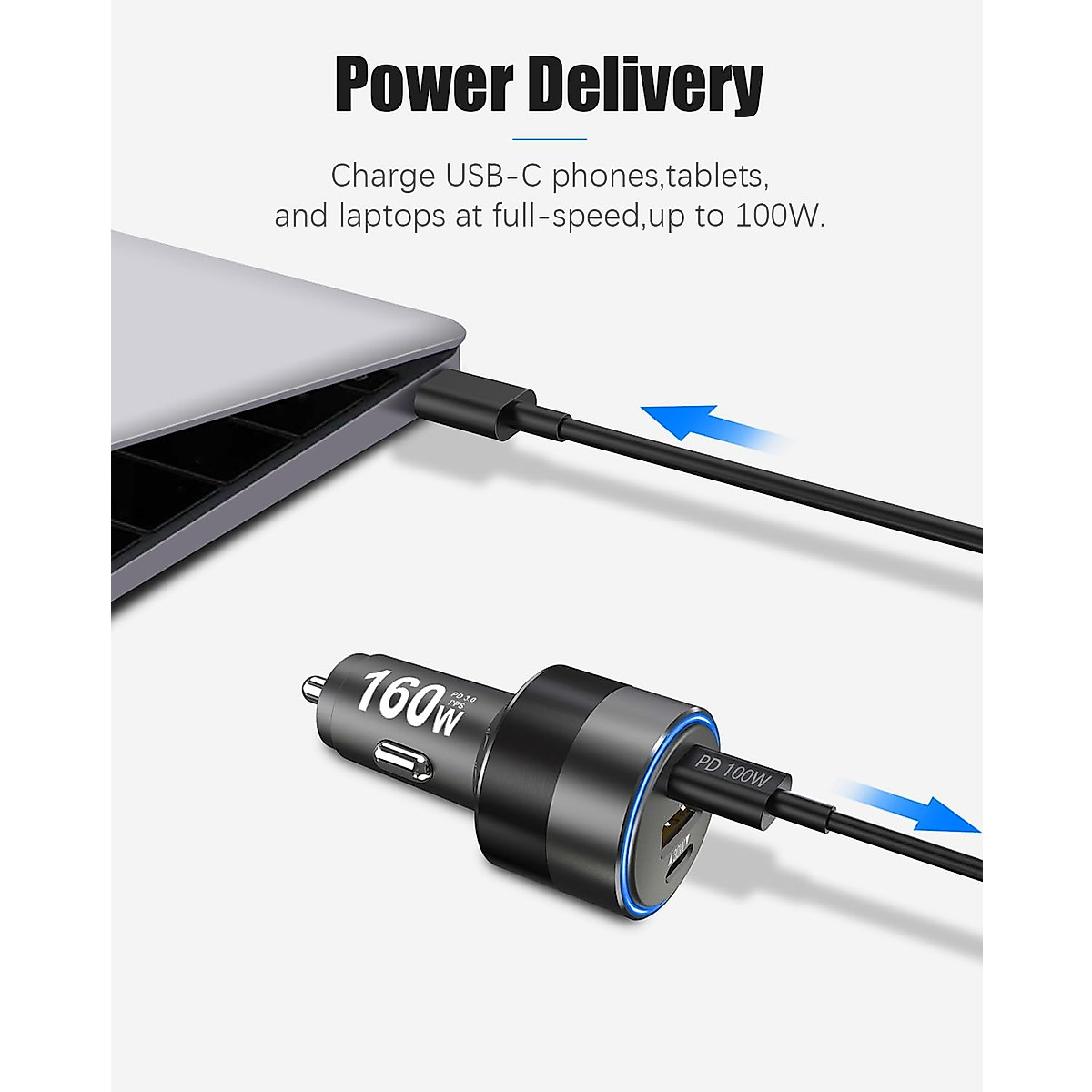 160W USB C Car Charger Fast Charging Cigarette Lighter PD3.0 100W PPS 45W QC5 30W Type C Car Charger for MacBook Pro Air Laptop iPad iPhone 14 13 12 Pro Samsung S23 S22 (with 100W USB C Cable)