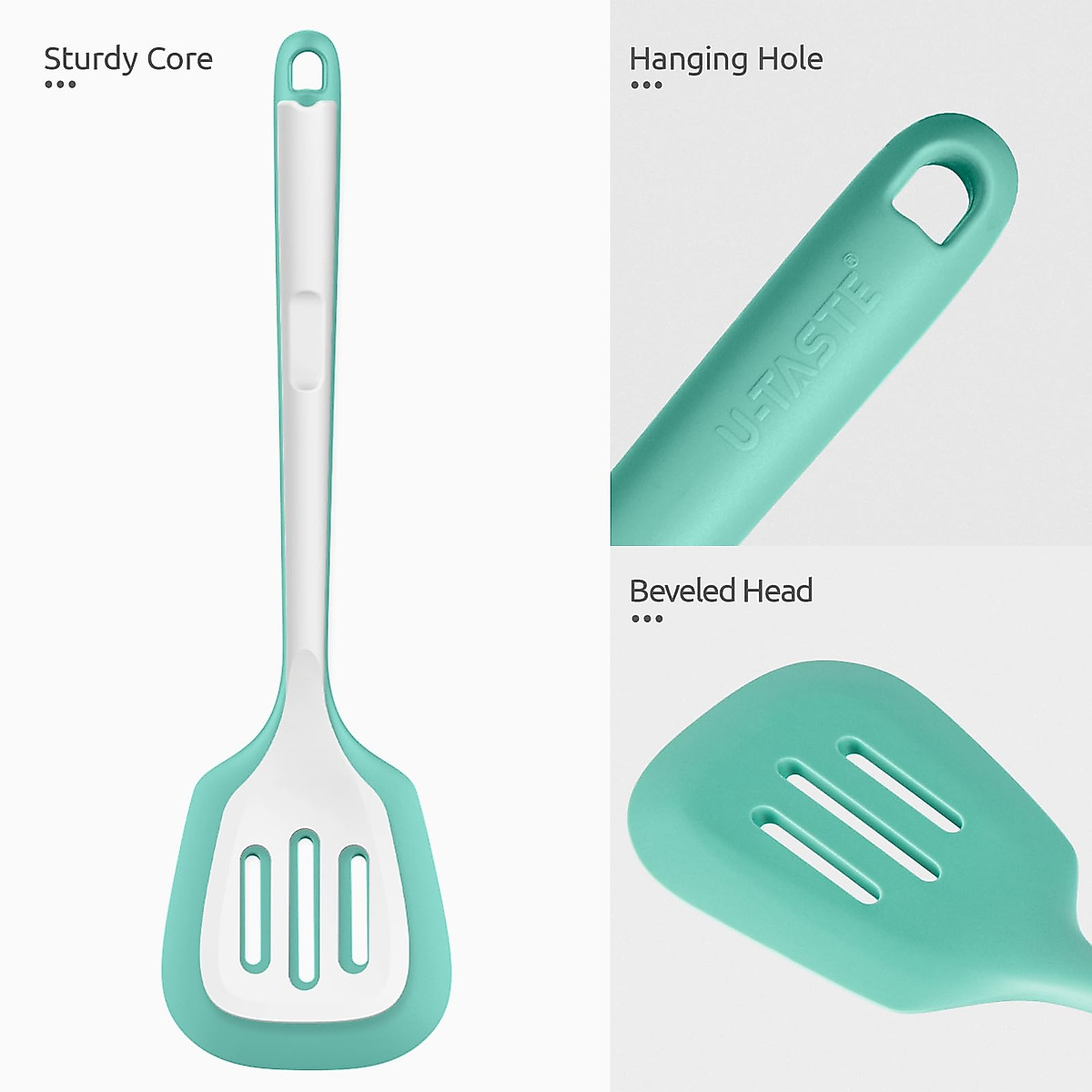 13.6" Slotted Silicone Turner: U-Taste 600ºF Heat Resistant Kitchen Spatula Flipper, Food Grade Flexible Wide Seamless Rubber Cooking Utensil for Egg, Omelette, Burger in Nonstick Cookware (Aqua Sky)