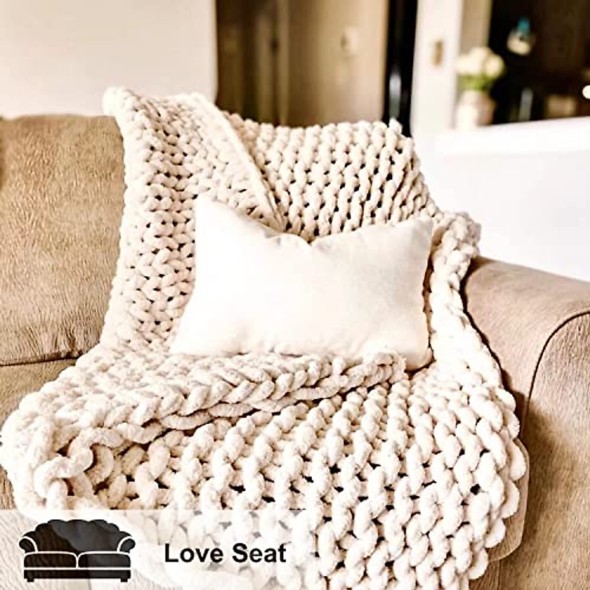 Mansmerton Chunky Knit Blanket Throw Large 50" x 60" Beige， Warm Soft Chenille Yarn Knit Blanket for Bed，Sofa，Machine Washable， Handmade Big Cable Knit Weighted Blanket -Bedroom&Boho Home Decor，Gift