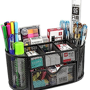 MONBLA Desk Supplies Organizer Multi-functional Stationery Caddy Mesh Oval Pencil Holder Desk Office Supplies Organizer 9 Compartments with Drawer for Note Pads Black
