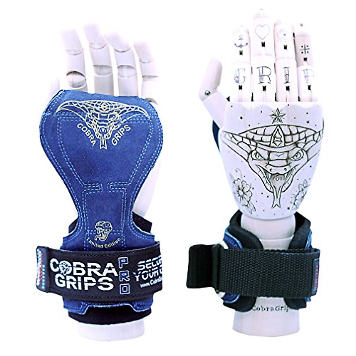 Cobra Grips PRO Weight Lifting Gloves Heavy Duty Straps Alternative to Power Lifting Hooks Power Lifting for Deadlifts with Built in Adjustable Neoprene Padded Wrist Wrap Support (PRO Blue Leather)