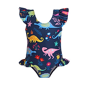 YOUNGER TREE Toddler Baby Girls Swimsuit Infant One Piece Bathing Suits Cute Dinosaur Beach Wear Sunsuit Ruffle Swimwear (12-18 Years, Navy Blue)