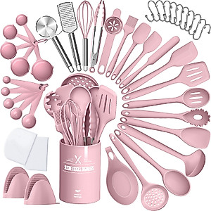Silicone Cooking Kitchen Utensil Set, AIKKIL 43 Pcs Pink Cooking Utensils Set, Turner, Tongs, Spoon, Spatula, Kitchen Gadgets Tools Set For Nonstick Cookware, Heat Resistant (Dishwasher, BPA Free)
