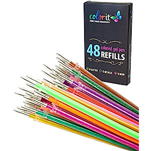 ColorIt 48 Gel Pen Ink Refills for Glitter, Metallic, and Neon - Color Coded for Easy Replacement (Gel)