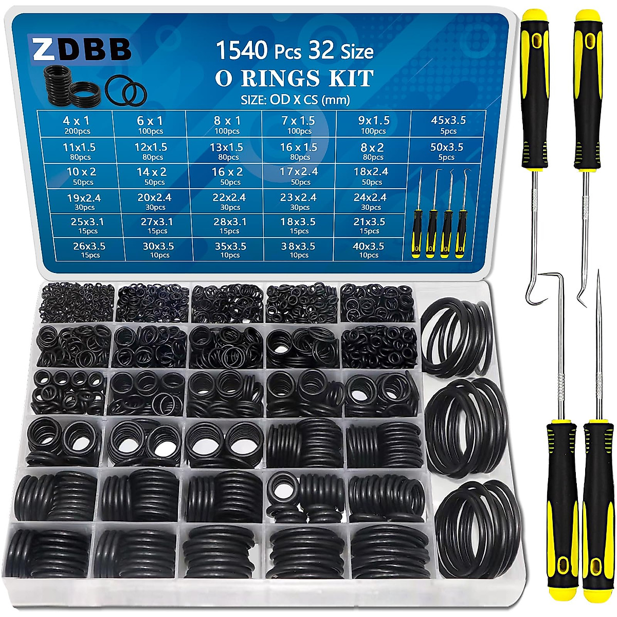 ZDBB 32 Size 1540 Pcs O Rings Assortment Kit Metric Nitrile Rubber Oring Set with 4 Pick for Automotive Faucet Pressure Washer Plumbing Air or Gas Repair OD 4mm-50mm