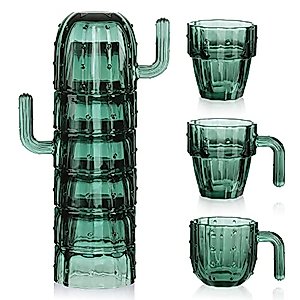 Joeyan Vintage Glassware, Stackable Cactus Drinking Glass Cups, Vintage Green Colored Drinking Glass Tumblers for Wine Juice Beverages Water Coffee, Set of 6, 8 oz, Heavy Duty, Dishwasher Safe
