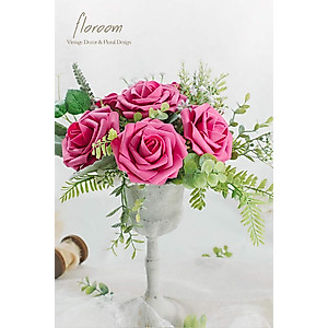 Floroom Artificial Flowers 50pcs Real Looking Hot Pink Foam Fake Roses with Stems for DIY Wedding Bouquets Baby Shower Centerpieces Floral Arrangements Party Tables Home Decorations