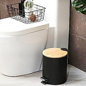 Aupekro Round Metal Trash Can with Bamboo lid and Pedal 5 Liter Garbage Container Bin with Removable Inner Wastebasket for Bathroom, Bedroom, Kitchen, Office (Black)