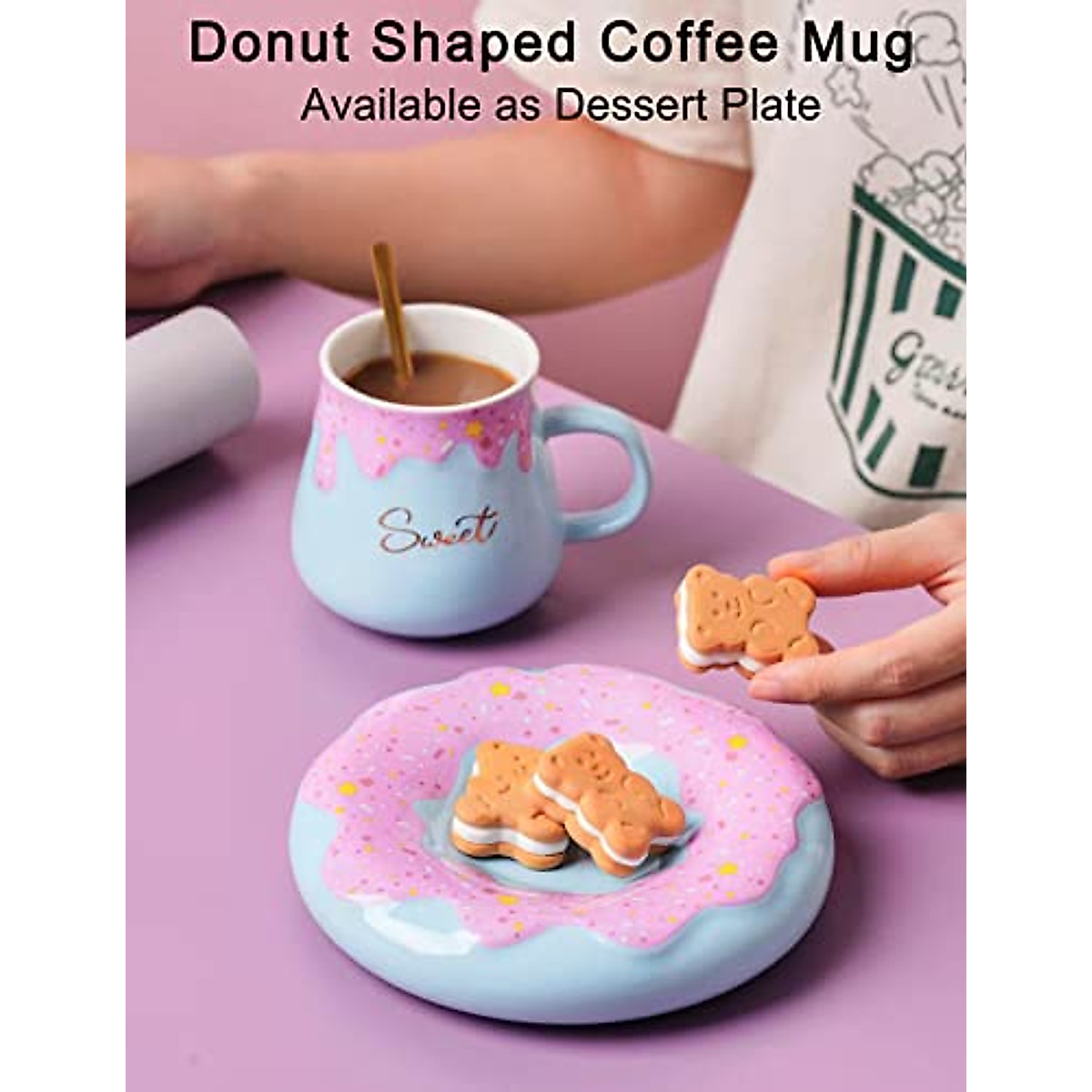 SISETOP Novelty Espresso Cups and Saucers, Ceramic Donut Mug, 9.5oz Creative Cute Cups, Unique Coffee Mug with Spoon for Gift, Kids, Adults, Birthday