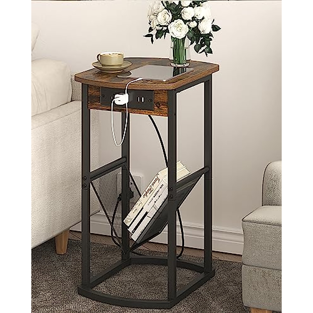 Hzuaneri Side Table with Charging Station, End Table with V-Mesh Magazine Holder, Industrial Record Player Stand with CD Album Storage Shelf, Rustic Brown and Black ET05401B