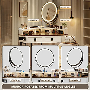 FREDEES Corner Vanity with Mirror and Lights,Modern Makeup Vanity Set with Charging Station for Bedroom/Cloakroom,Glass Top Vanity Table with Drawers and Shelves,White