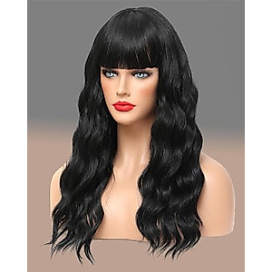 WAVE&BREEZE Black Wigs for Women 18inch Long Wavy Curly Hair Wigs with Bangs Synthetic Replacement Wigs Heat Resistant Fiber Party Costume Wig(18inch Natural Black)