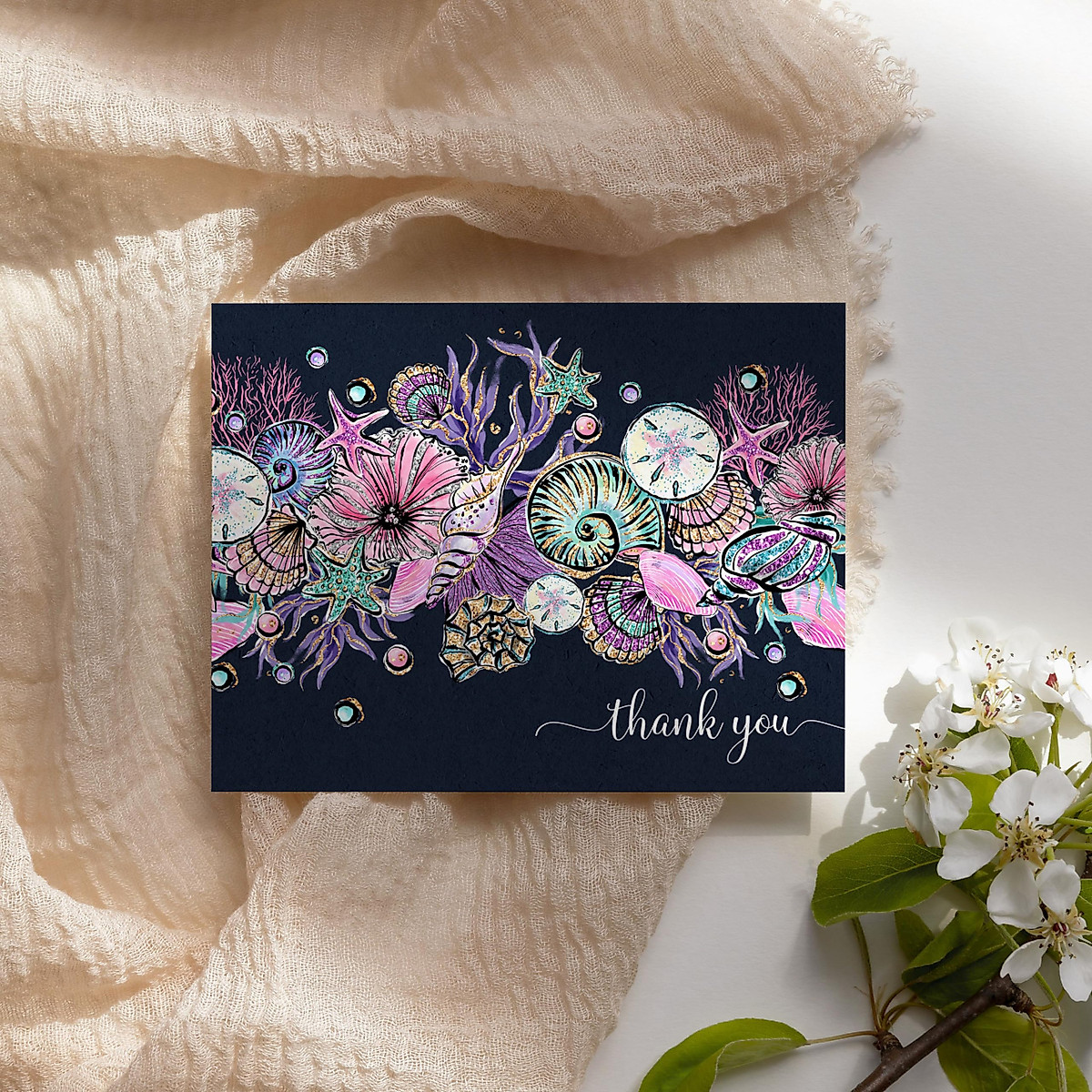 Paper Clever Party Enchanting Seashell Thank You Cards with Purple Envelopes for All Occasions, Showers, Wedding, Everyday Essentials, Simple Mermaid Note Set Folded, 20 Pack