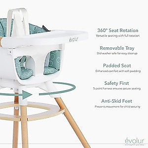 Evolur Ann Beechwood 4-in-1 Highchair | 360 Seat Rotation | Booster seat | Floor Chair | Bar Stool Chair | 5 Point Safety Harness | Blue