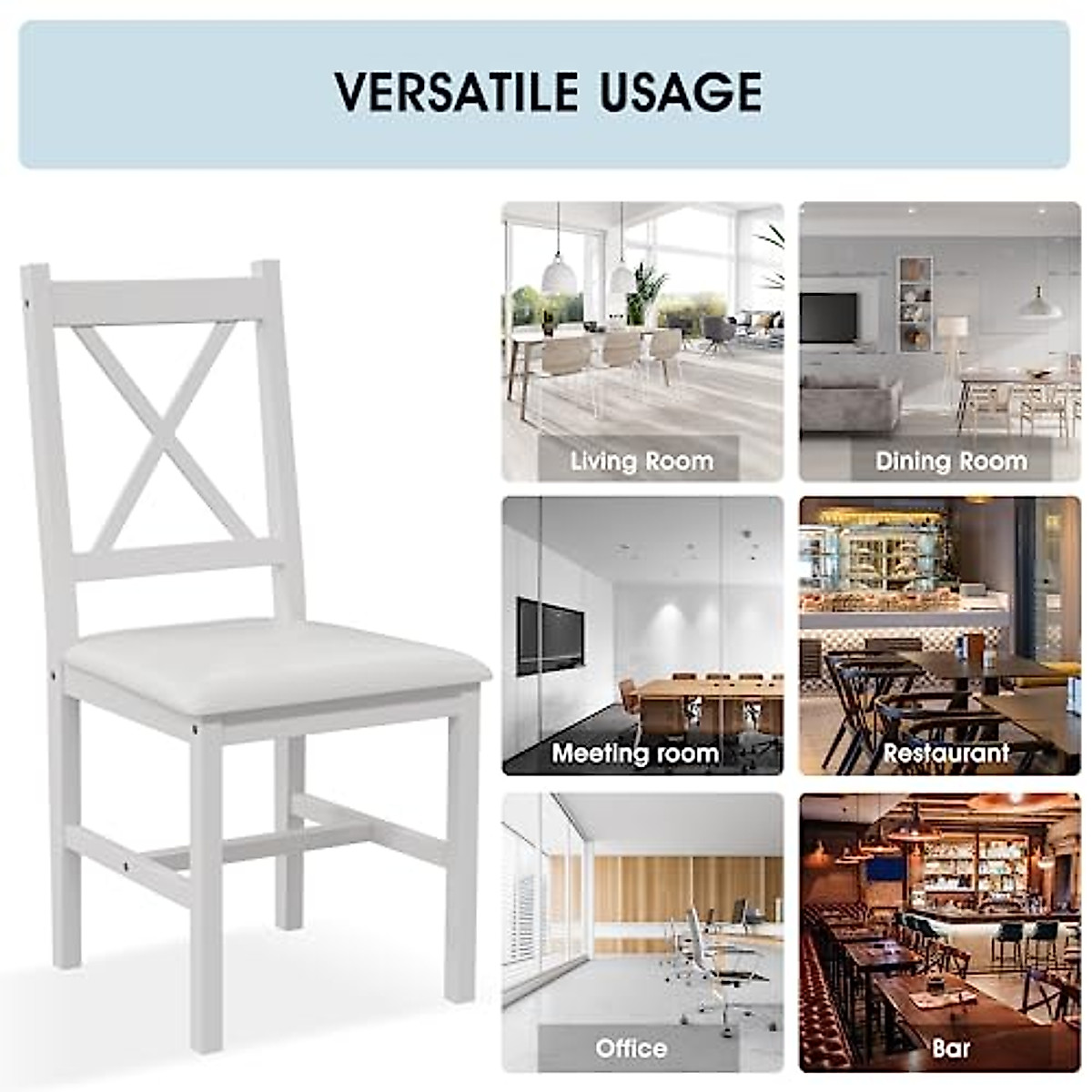 Dining Chair Set Of 2, Kitchen Dining Room Chair with PU Upholstered Seat, Farmhouse Modern Wood Chairs with Backrest for Restaurant, Living Room, Kitchen, X-Back Design, Easy Assembly (White, 2 PCS)