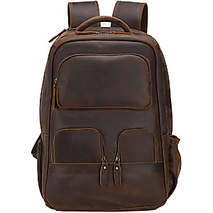 Masa Kawa Full Grain Leather 15.6” Laptop Backpack for Men Vintage Large Travel Rucksack Bag School Bookbag Daypack