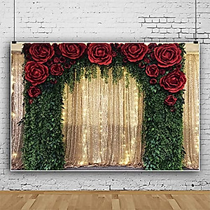 OERJU Wedding Backdrop for Reception Wedding Floral Wall Backdrop Red Rose Flowers Gold Curtain Photo Background Bridal Shower Marriage Anniversary Engagement Party Decor Photo Studio Props 5x3ft