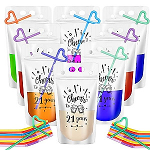 24 Sets Drink Pouches with Straws Cheer to 21 Years Reclosable Plastic Juice Pouches Translucent Drink Bags Hand Held Disposable Beverage Bags for Adults Drinks Beverage Liquor Party Favors, 17 oz
