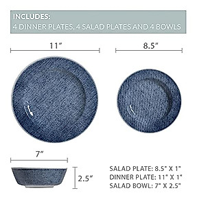 Barnyard Designs 12-piece Melamine Dinnerware Set, Durable Chip-Resistant Dishware for Indoor/Outdoor Use, Farmhouse Dishes, Service for 4, Denim Blue, (Dinner Plate: 11”, Salad Plate: 8.5”, Bowl: 7”)