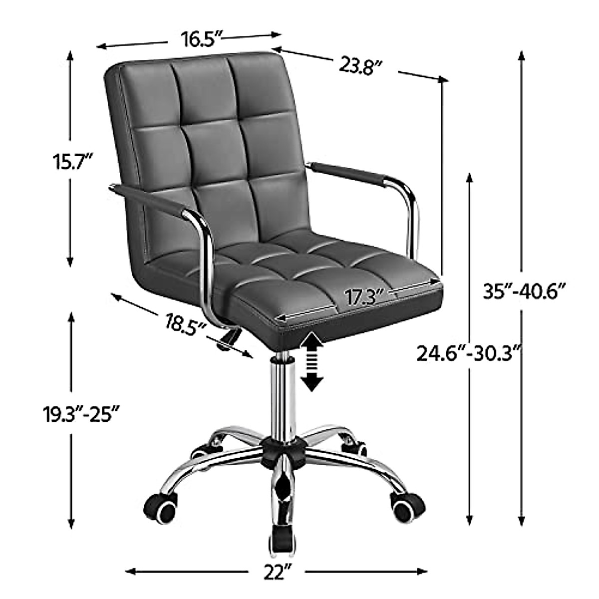 Yaheetech Mid Back Desk Chair, PU Leather Office Task Chair with Armrests/Large Seat, Adjustable Chair with Wheels, Grey