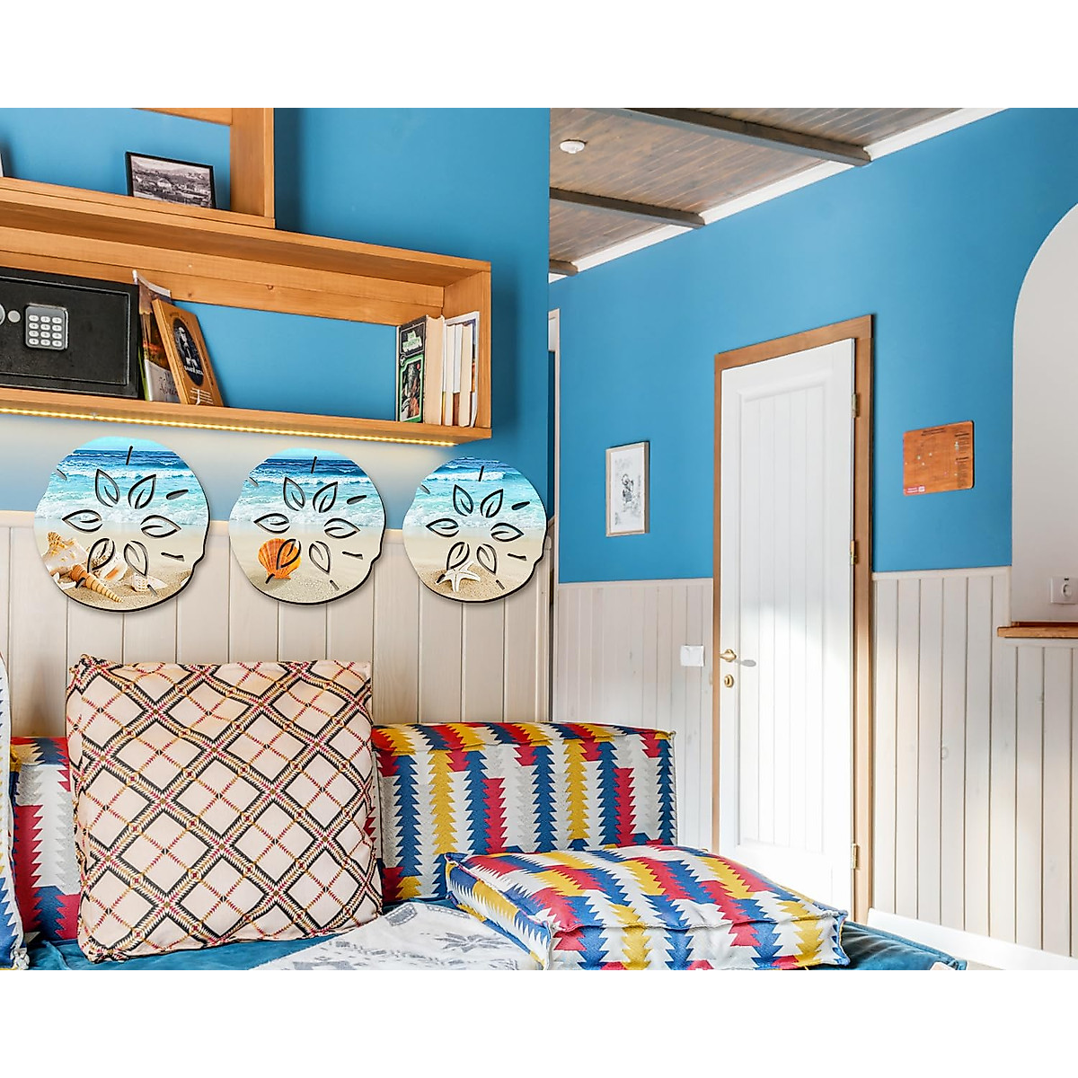 3 Pieces Sand Dollar Wall Decor Wood Outdoor Coastal Wall Art Ocean Beach Wall Decor Starfish Seashell Sand Dollar Beach Signs Hanging Wooden Nautical Bathroom Decor for Home Bathroom Sea Decorations