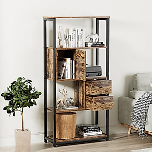 VECELO Bookcase with Doors/Drawers, Industrial 4-Tier Bookshelf Display Shelf Storage Cabinet for Books, Photos, Decorations, in Living Room,Bedroom, Home Office, Rustic Brown