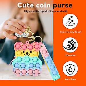 JoySolar Coin Purse Change Coins Fidget for Girls Kids Teen Women Pouches Mini Bubble Small Purses Monedero Fidgets Zipper Pouch Simple Dimple Lanyard Silicone Cute Kawaii Funny Fun (Color Bear)