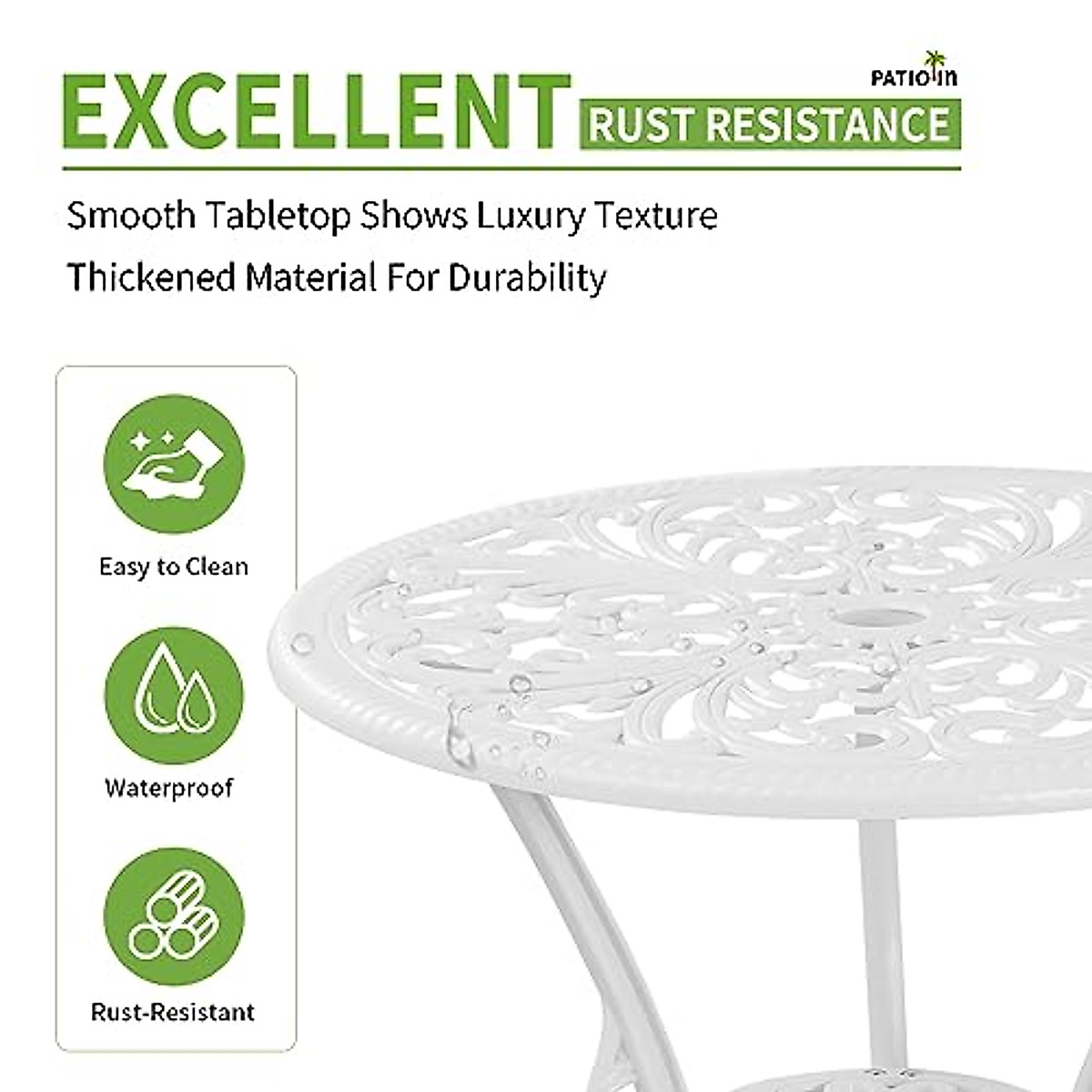 PATIO-IN Bistro Set 3 Piece Outdoor Patio Set, Rust Resistant Bistro Table and Chairs Furniture with Umbrella Hole, Cast Aluminum Bistro Table Set of 2 for Porch,Lawn,Garden,Backyard, White