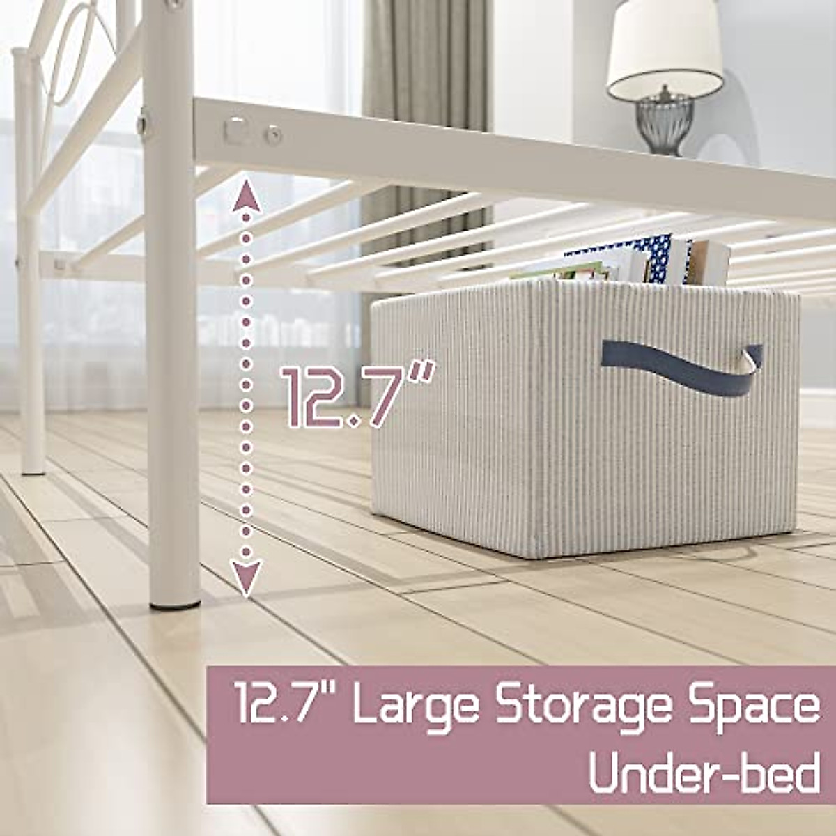 Weehom Twin Bed Frames No Box Spring Needed Easy Assembly Metal Platform Twin Bed Frame with Headboard & 12.7inch Underbed Storage White