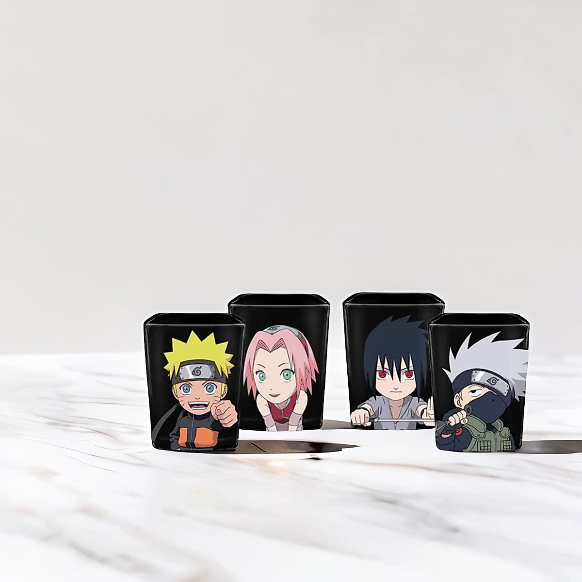 JUST FUNKY Naruto Shippuden Shot Glasses Set of 4 | Durable & Dishwasher Safe | 2 Oz Cubic Shot Glasses Featuring Naruto, Sasuke, Kakashi, Sakura | Officially Licensed