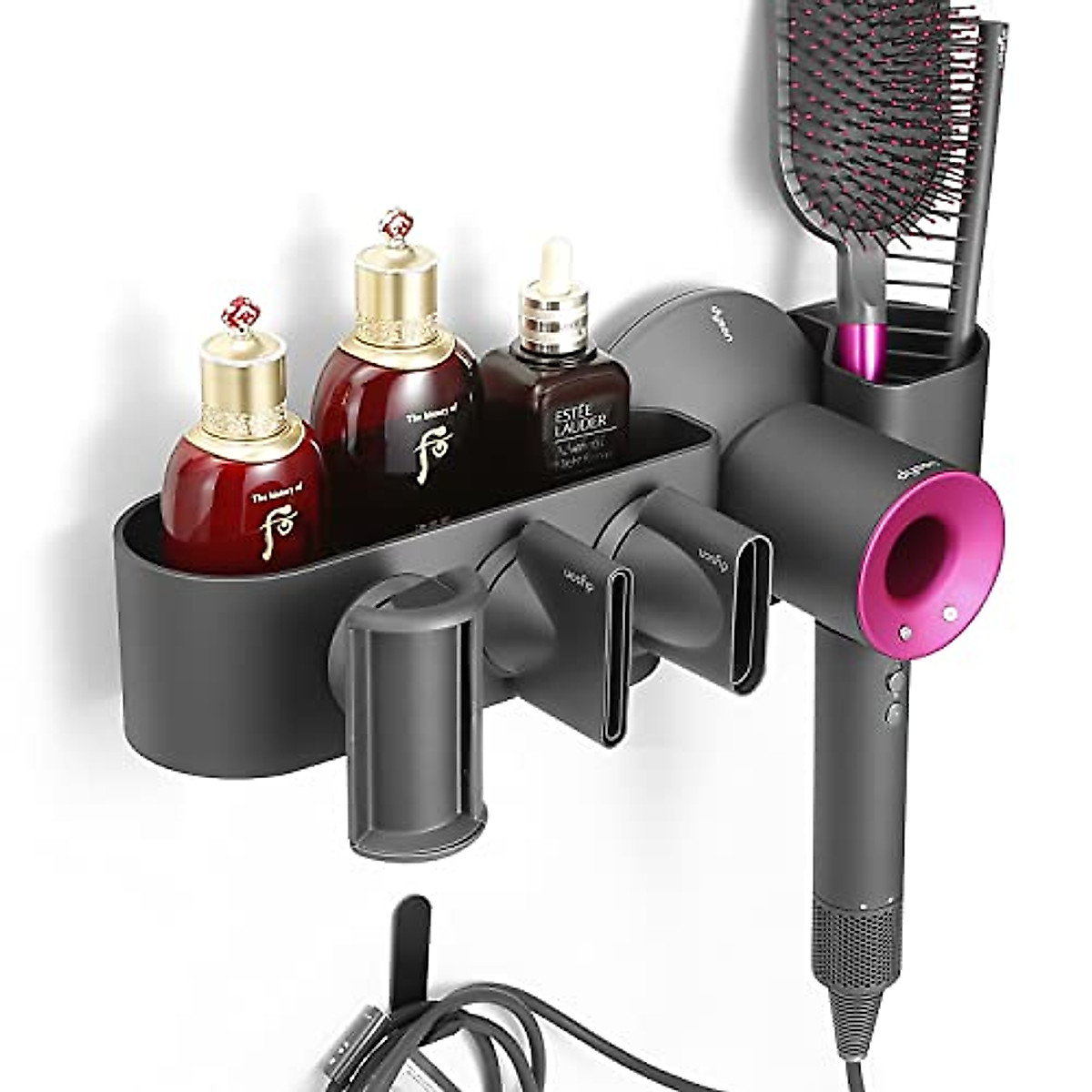 NINEBIRD Wall Mount Bracket for Dyson Supersonic Hair Dryer Series Free Punch Wall Hanging Holder,Bathroom Hair Dryer Diffuser and Nozzle Storage Rack Organizer, Black