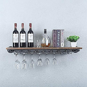 Industrial Pipe Shelving Hanging Stemware Racks,Rustic Wall Mounted Wine Rack with 8 Glass Holder,36in Steampunk Iron Floating Bar Shelves,Metal Real Wood Shelf Wall Shelf Stemware Holder