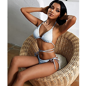 YIMISAN Sexy Two Piece Swimsuit fo Women Sexy Swimwear Halter String Triangle Thong Bikini Sets White