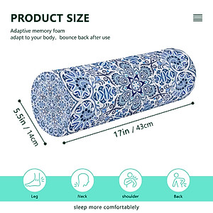 xigua Blue Decorative Floral Neck Roll Pillow for Neck Relief with Removable Washable Cover - Memory Foam Round Cylinder Bolster, Ergonomically Designed for Head, Neck, Back, and Legs