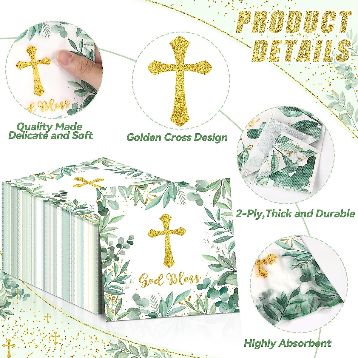 100Pcs God Bless Napkins Baptism Napkins First Holy Communion Mi Bautizo Napkins Cross Religious Paper Napkins for Newborn Baby Shower Party Christening Religious Party Decorations