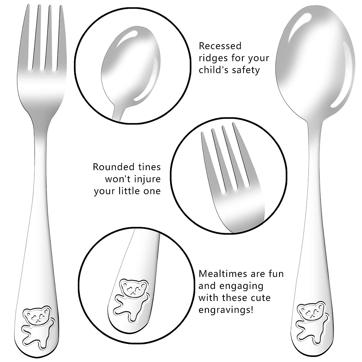 6 Pieces Stainless Steel Kids Flatware, Mirror Polished Child Toddler Silverware Little Bear Spoon and Fork Set, 3 x Safe Forks,3 x Children Tablespoons for Lunch Box