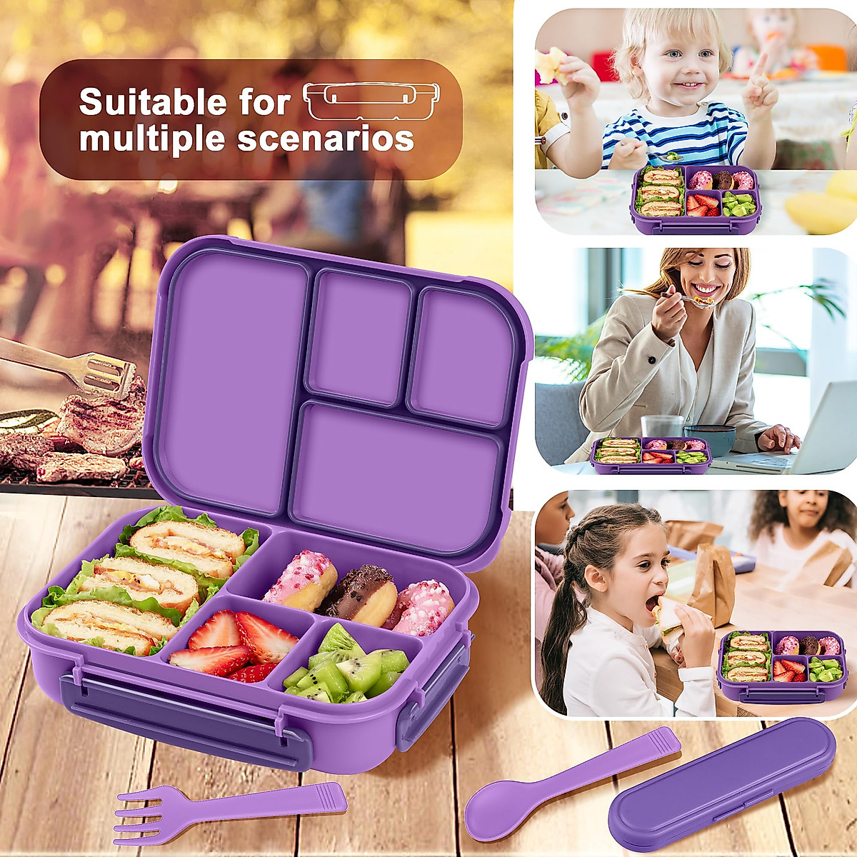 Amathley Lunch Box Kids,Bento Box Adult,Leakproof Lunch Containers for Adults/Kids/Toddler,1200ML-4 Compartments bento Lunch box with Utensil,Microwave & Dishwasher & Freezer Safe (Purple)