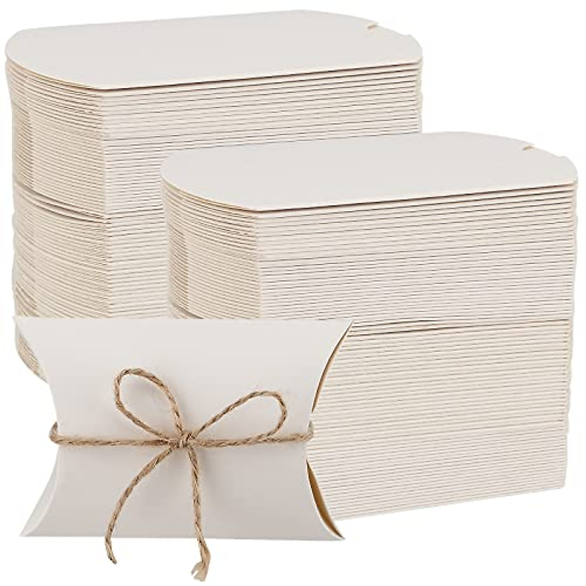 MANCHAP 200 PCS 3.5 x 2.5 Inch White Kraft Paper Pillow Boxes, Small White Pillow Candy Box with 2m Jute Twines, Pillow Gift Boxes Thank You Treat Boxes for Party Favors, Proposal, Wedding